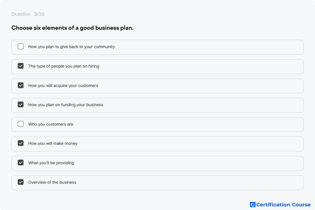 Choose six elements of a good business plan.