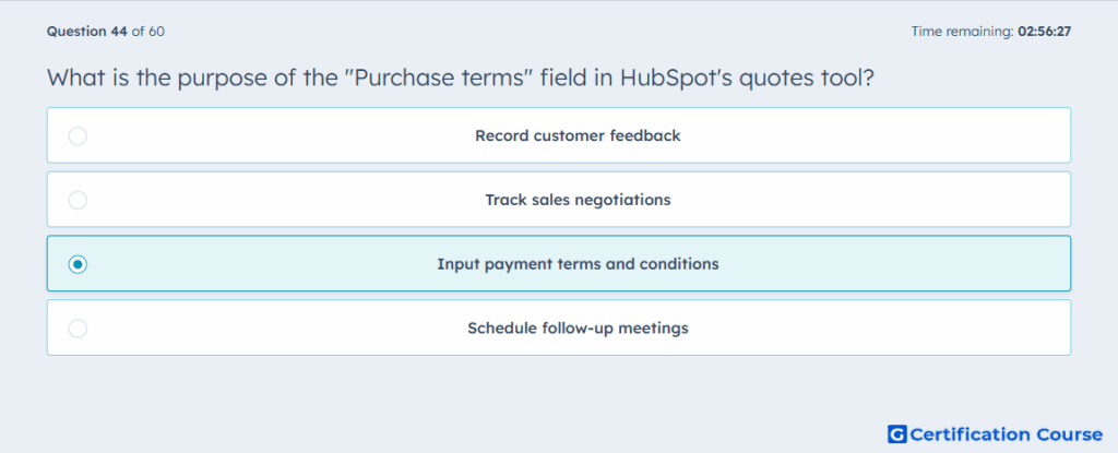 What is the purpose of the "Purchase terms" field in HubSpot
