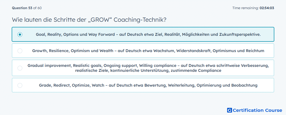 Wie lauten die Schritte der „GROW“ Coaching-Technik?