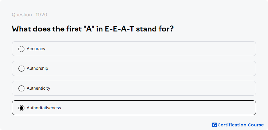 What does the first "A" in E-E-A-T stand for?